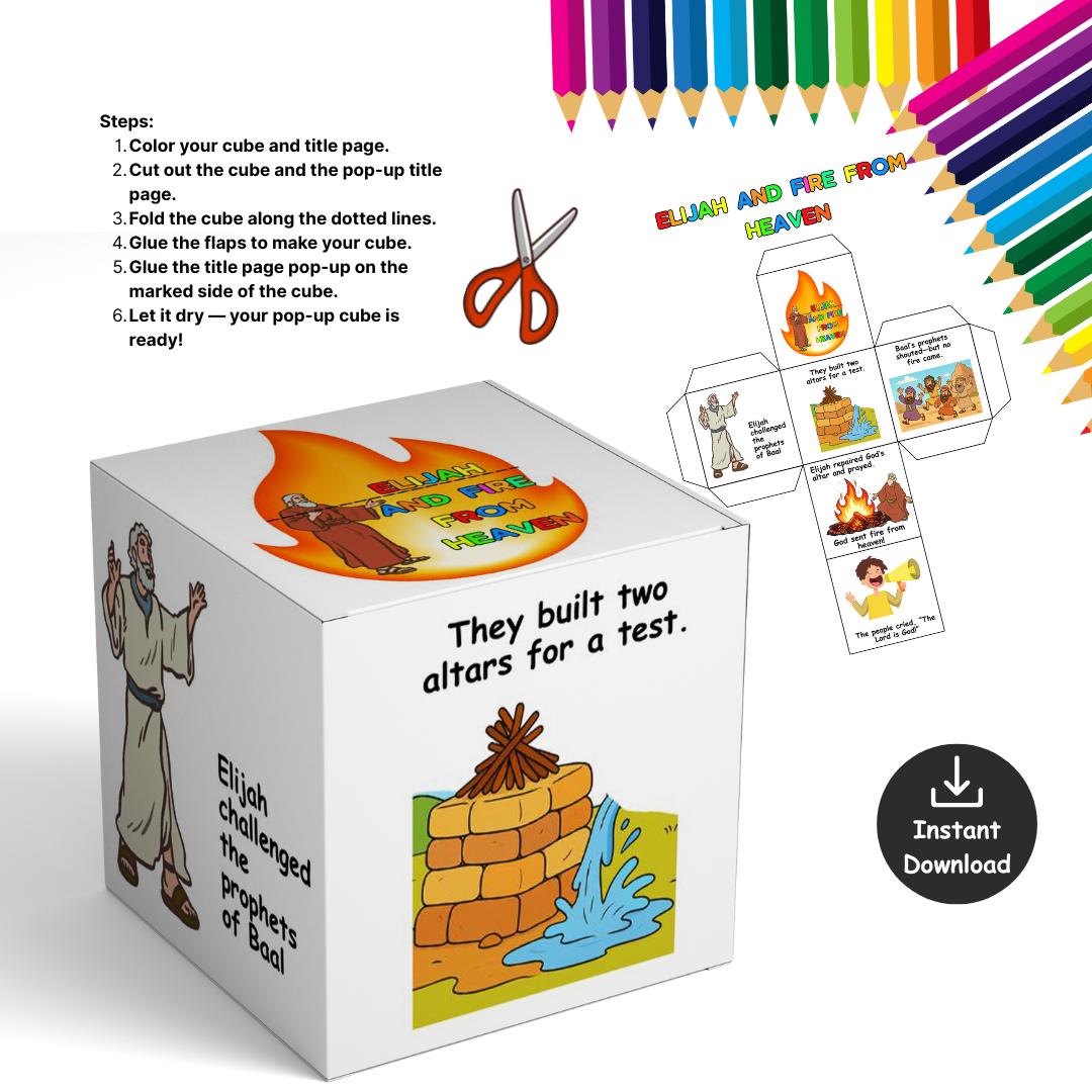 Elijah and the Fire From Heaven Coloring Cube Craft, Memory Games ...