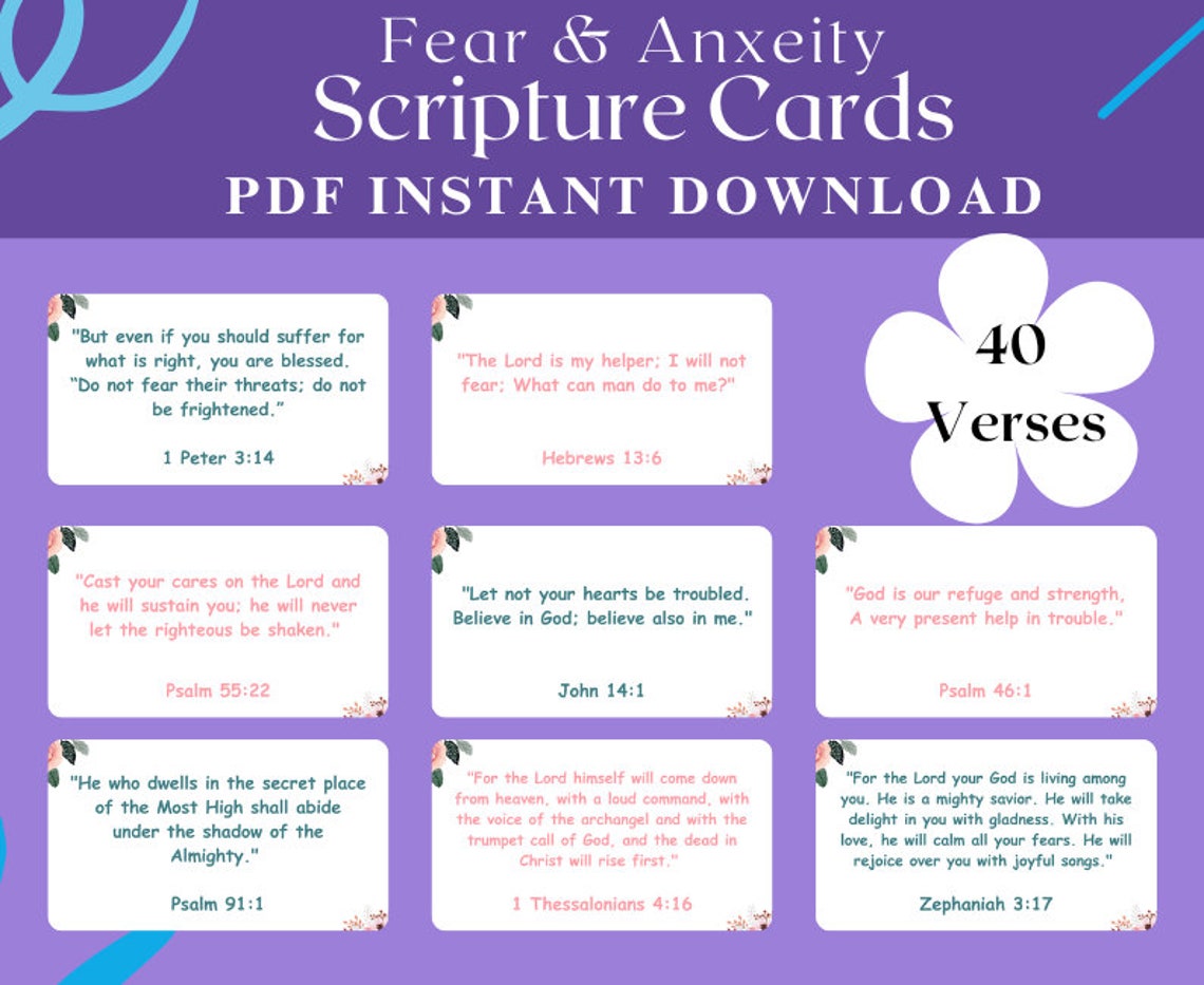 Fear and Anxiety Bible Verse Cards, Bible Study Printable, 40 Scripture ...