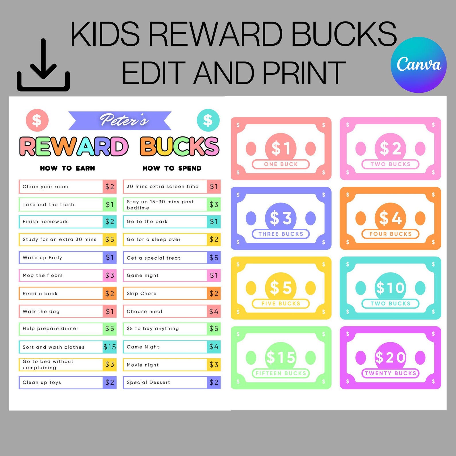 Kids Reward Bucks Printable, Kids Reward Coupons, Chore Bucks ...