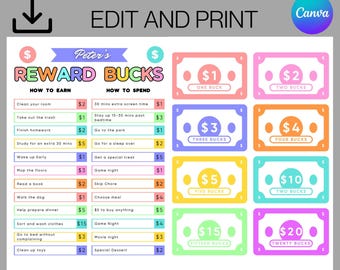 Kids Reward Bucks Printable, Chore Bucks, Kids Reward Coupons, Pastel ...
