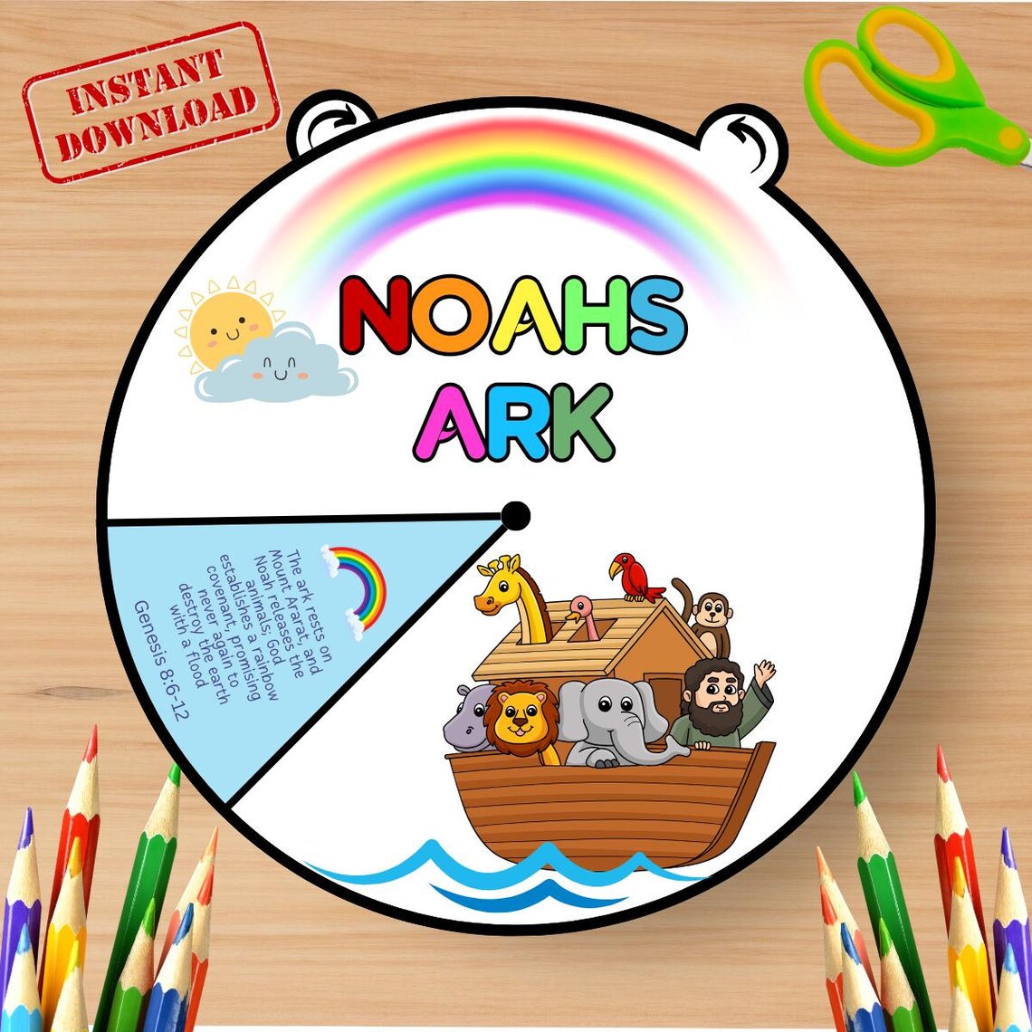 Noahs Ark Coloring Wheel, Printable Bible Activity, Kids Bible Lesson ...