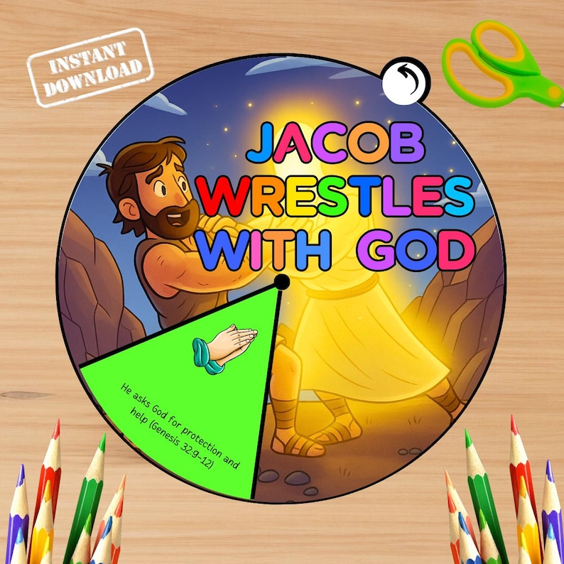 Jacob Wrestles With God, Printable Bible Story Coloring Wheel, Sunday ...