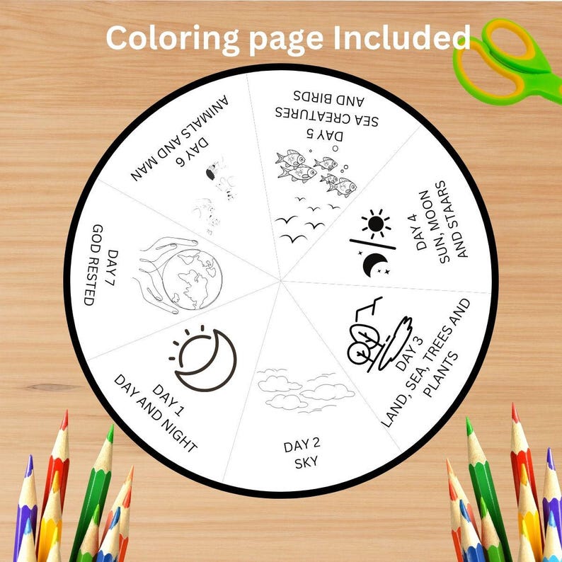 Days of Creation Coloring Wheel, Bible Activity, Kids Bible Lesson ...