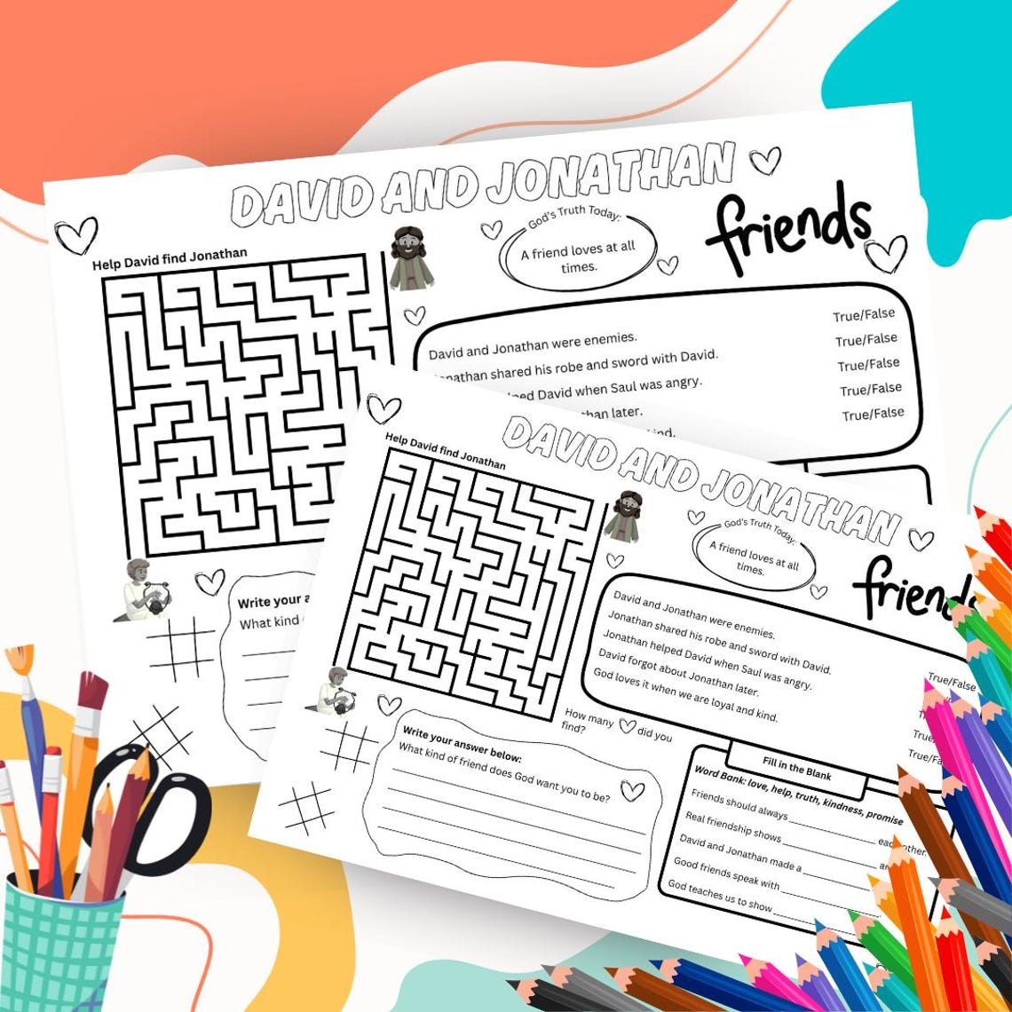 David and Jonathan Activity Worksheet, Bible Story Lesson, Sunday ...
