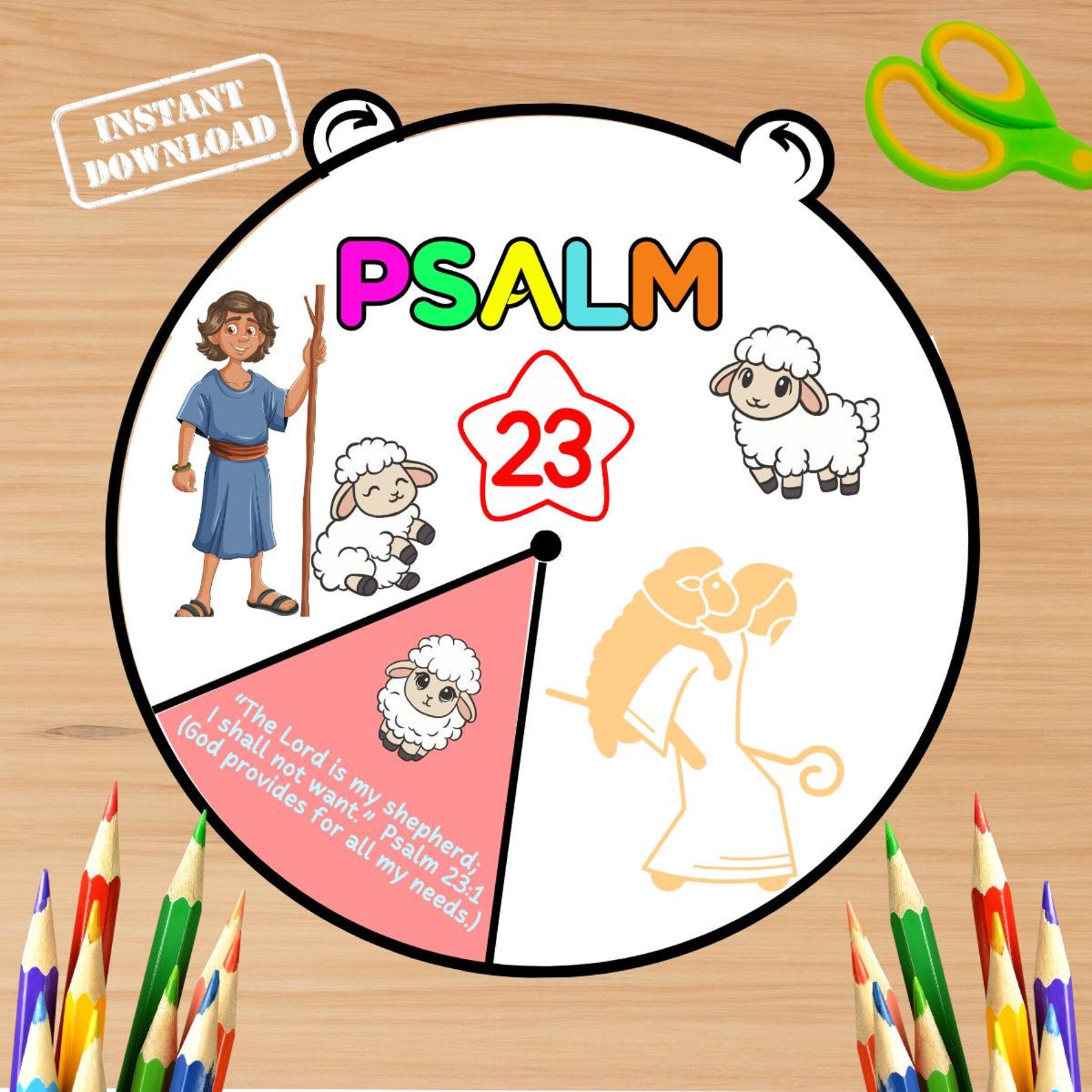 Psalm 23 Coloring Wheel, Printable Bible Activity, Watercolor, Kids ...