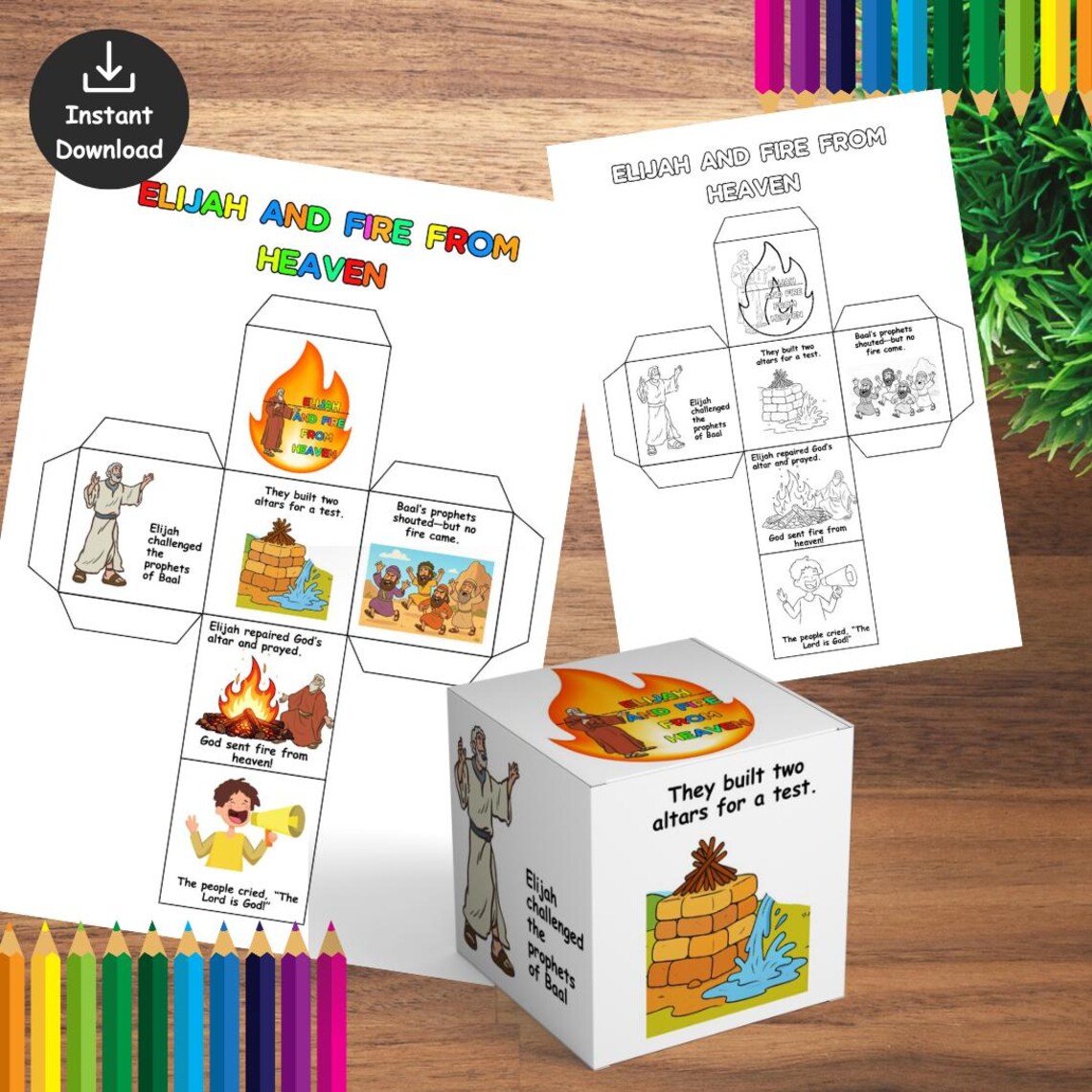 Elijah and the Fire From Heaven Coloring Cube Craft, Memory Games ...