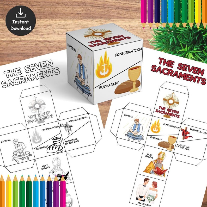 7 Sacraments Cube, Printable Bible Activity, Watercolor, Kids Bible ...