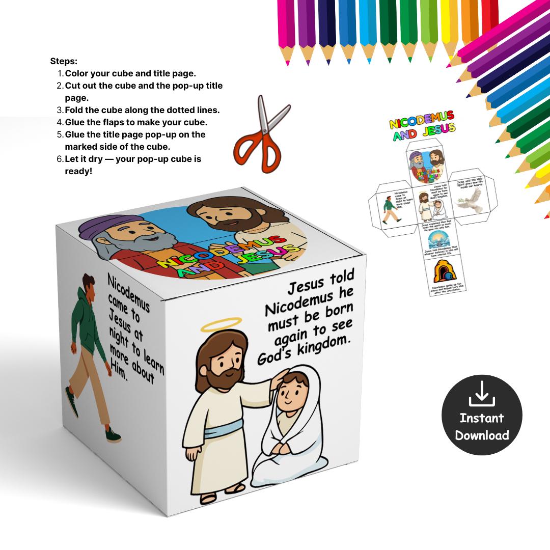 Nicodemus Meets Jesus Cube Craft, Printable Sunday School, Bible Story ...