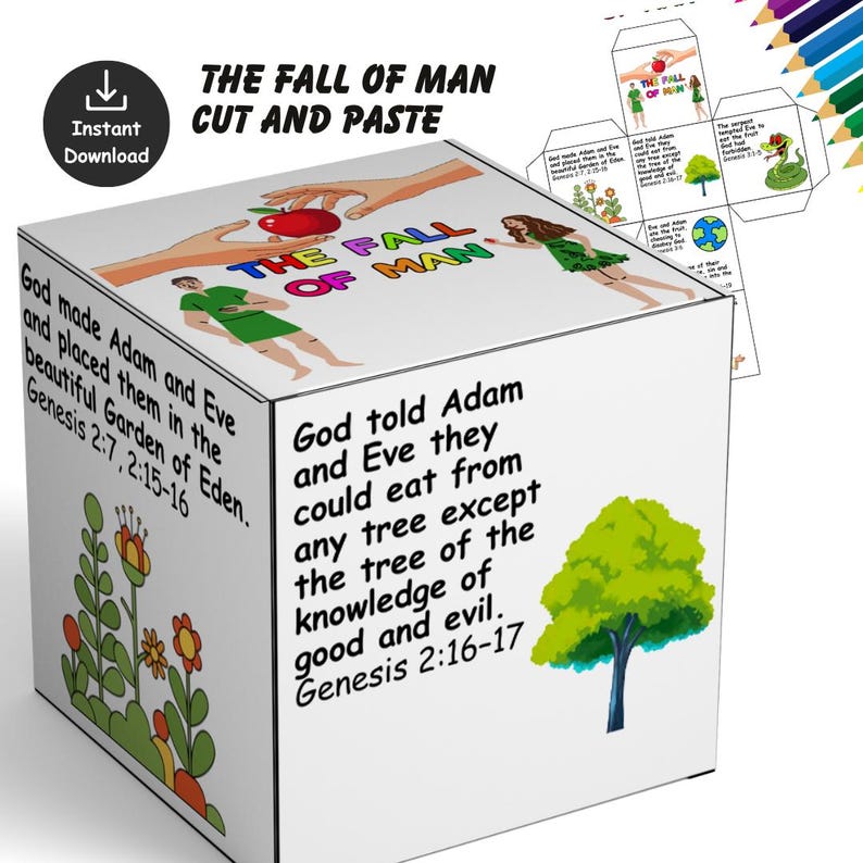 The Fall of Man Cube, Printable Bible Activity, Watercolor, Kids Bible ...