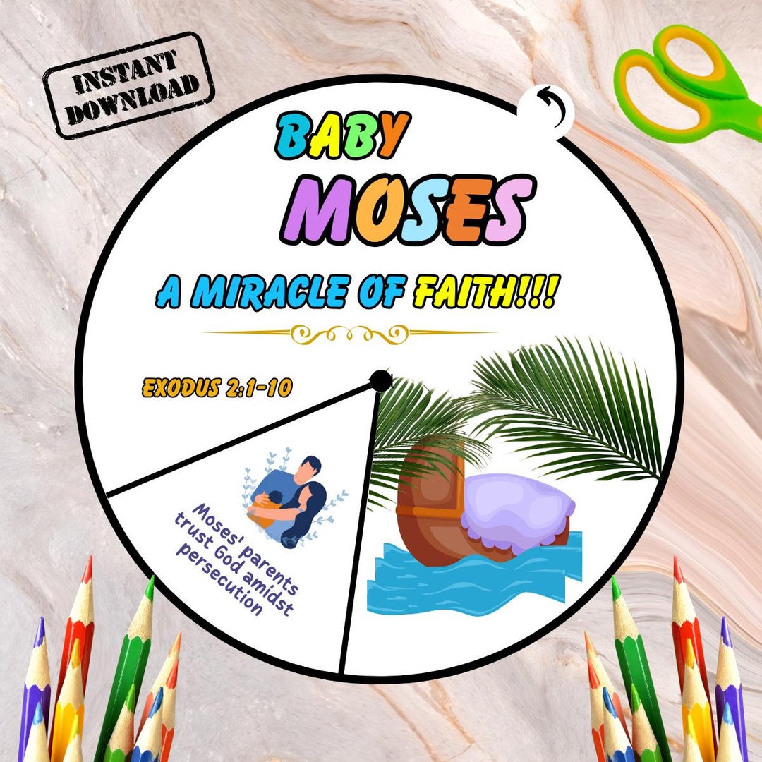 Baby Moses Coloring Wheel, Printable Bible Activity, Watercolor, Kids ...