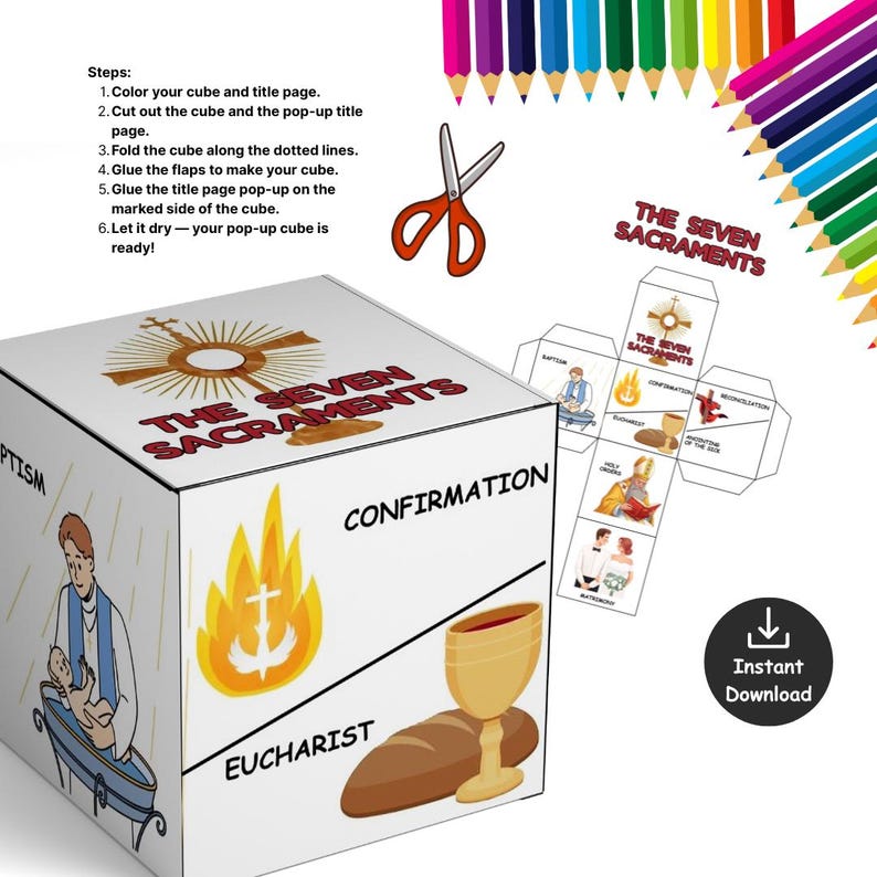 7 Sacraments Cube, Printable Bible Activity, Watercolor, Kids Bible ...