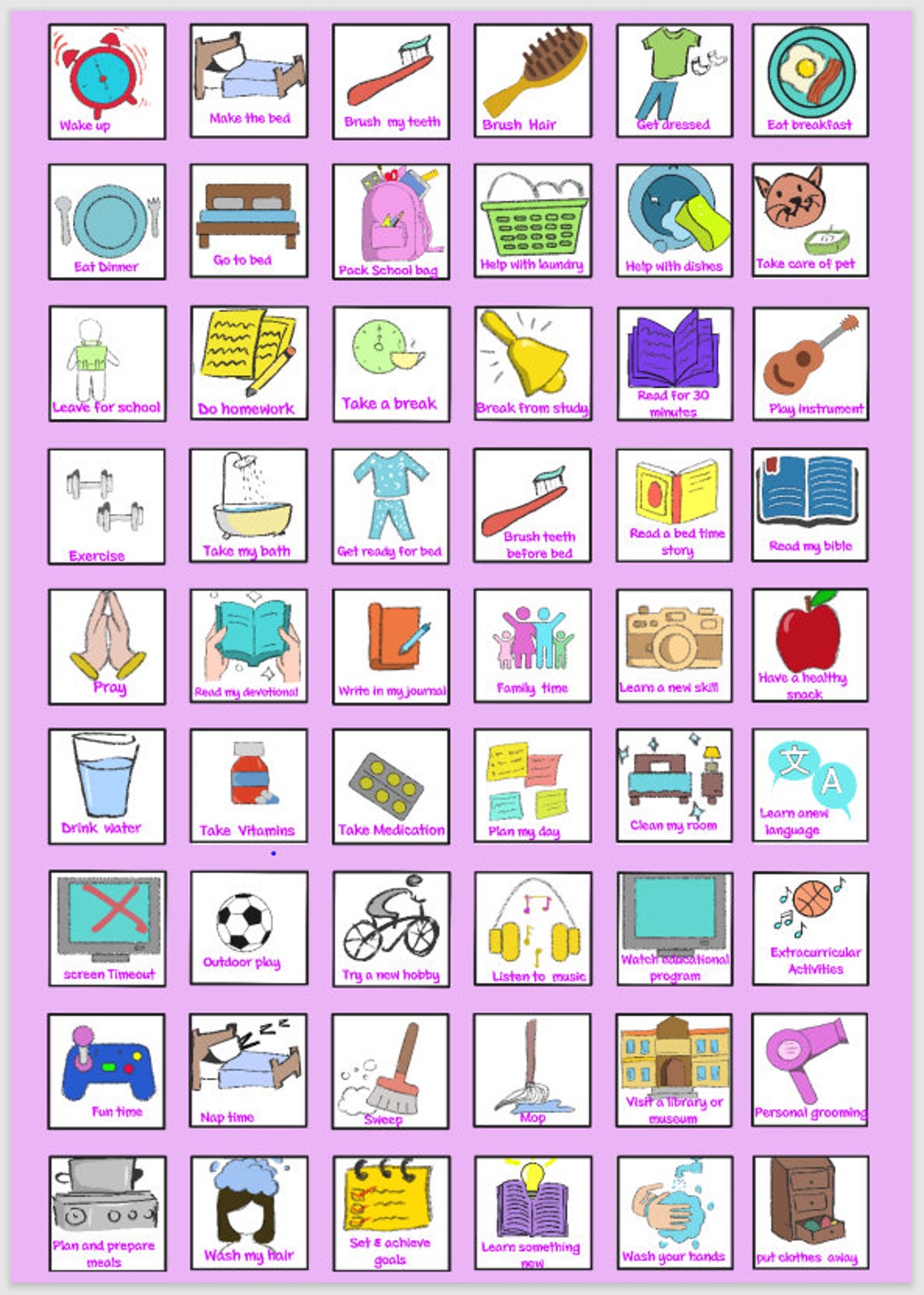 Daily Responsibilities Chore Chart, Printable Full Day Visual Routine ...