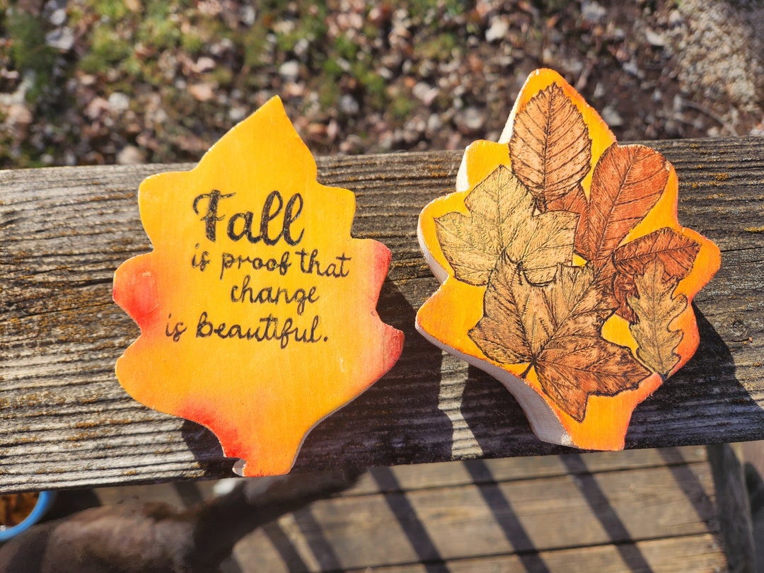 Fall Wooden Leaves Pyrography Art Handmade Wood Burn on Wooden Bark ...