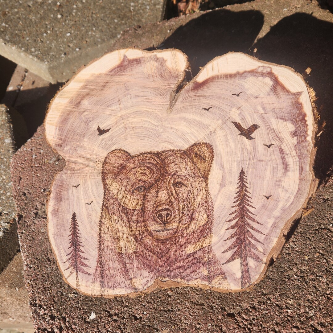 Bear Pyrography Art Handmade Wood Burn on Cedar Wood, Wildlife, Nature ...