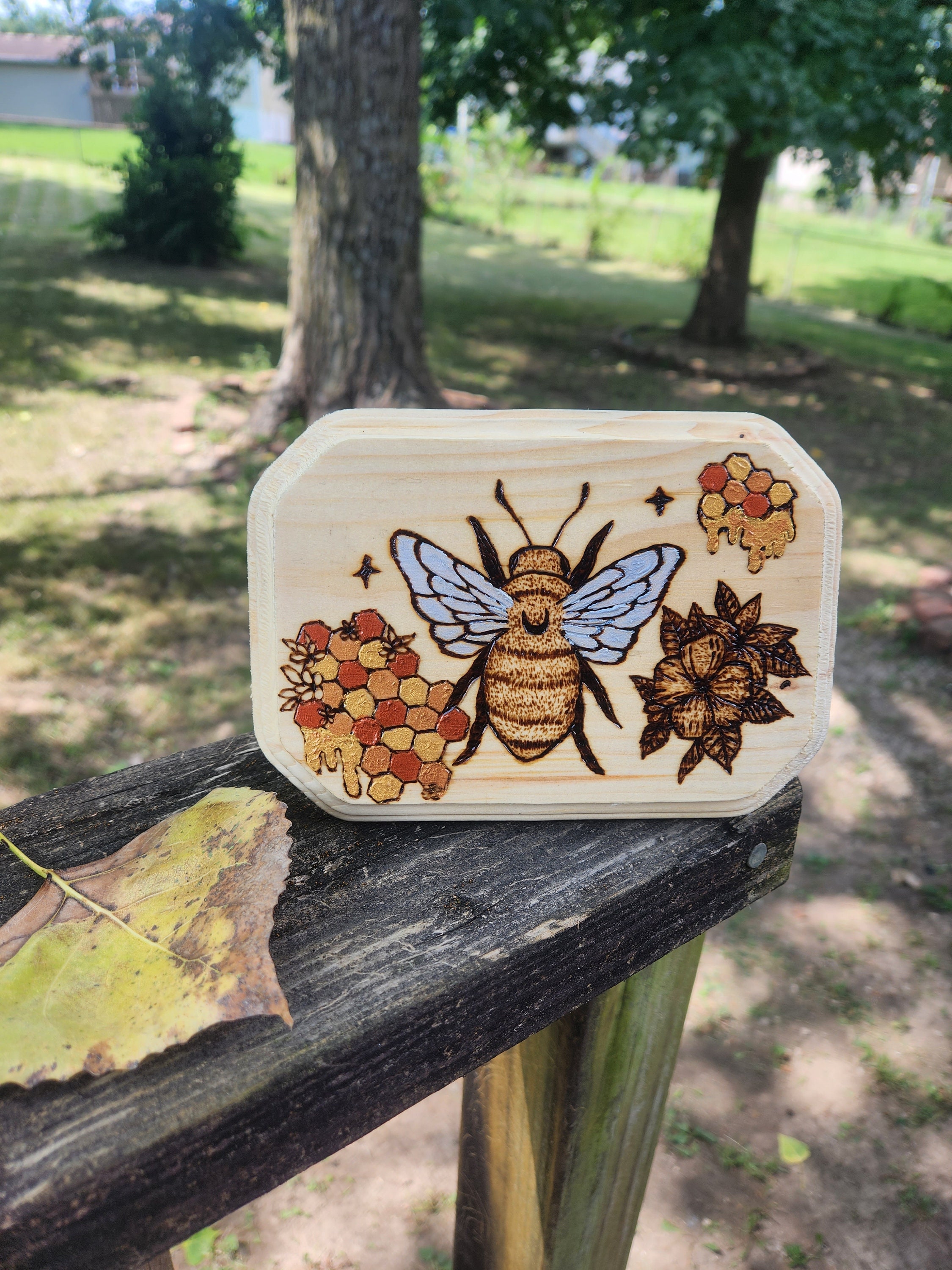 Bee and Honeycomb Floral Pyrography Art, Handmade Wood Burn Plaque ...