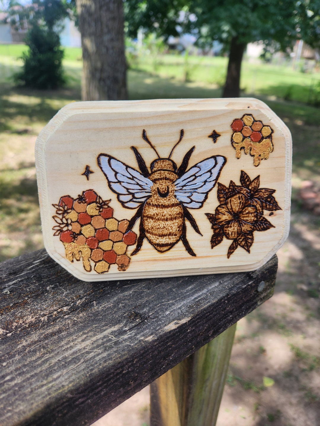 Bee and Honeycomb Wooden Pyrography Art, Handmade Wood Burn Plaque ...