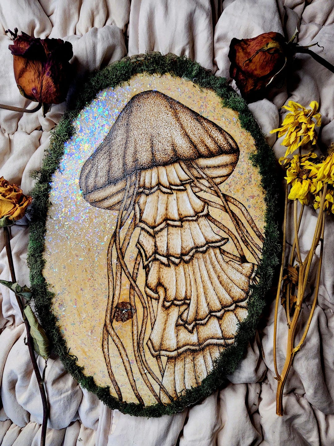 Luminescent Depths - Iridescent Glitter Jellyfish Wood Burned Basswood ...