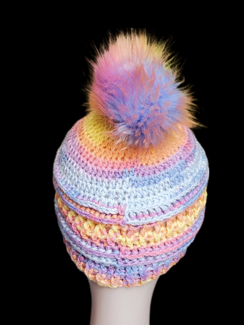Crochet Colorful Pastel Beanie | Multicolor Winter Hat With Faux Fur ...