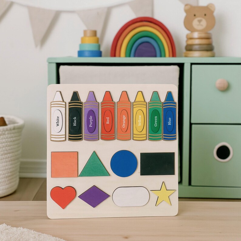 Personalized Crayon Colors & Shapes Puzzle: Montessori Learning Toy - Etsy