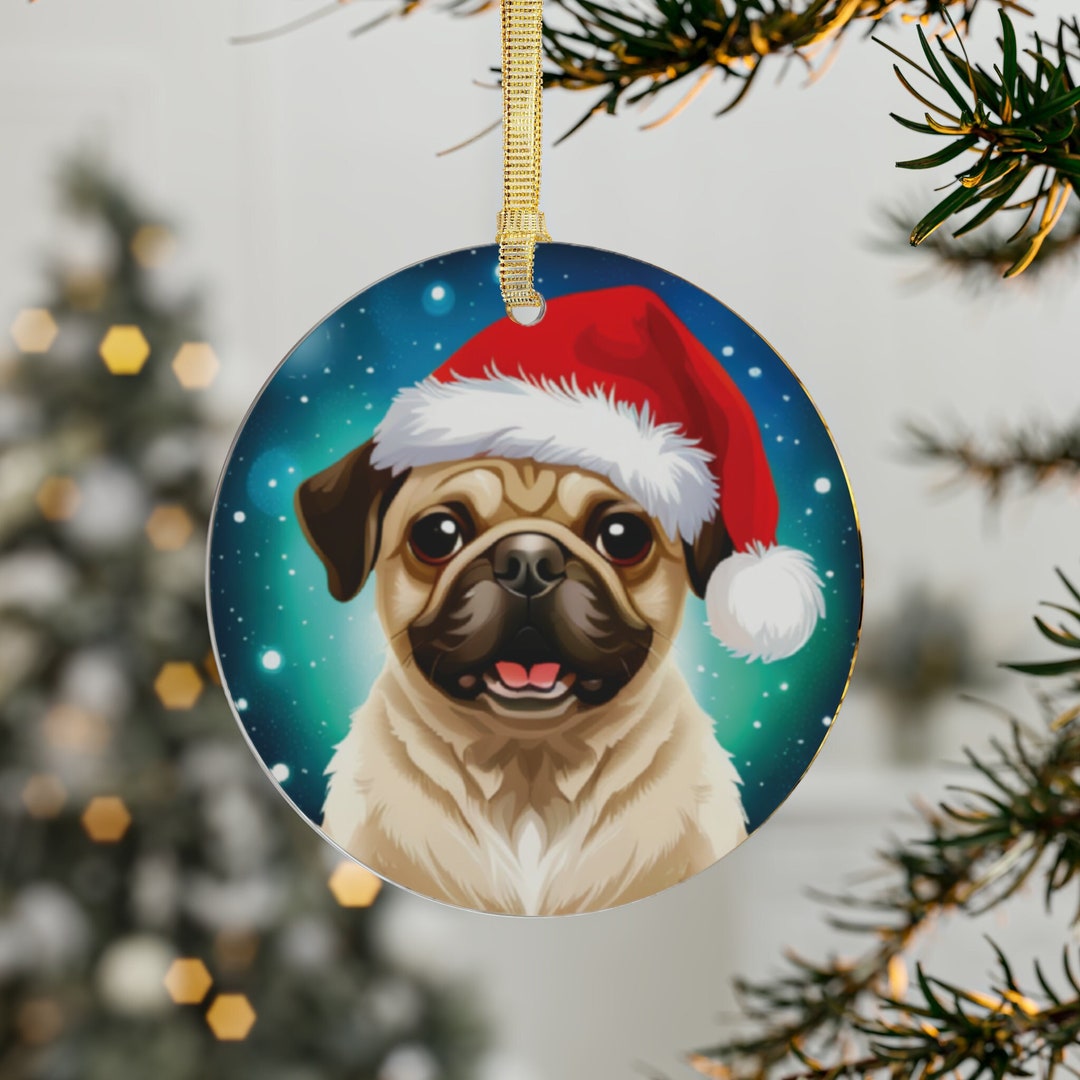 Santa Pug Christmas Ornament Festive Blue Holiday Decor Acrylic ...