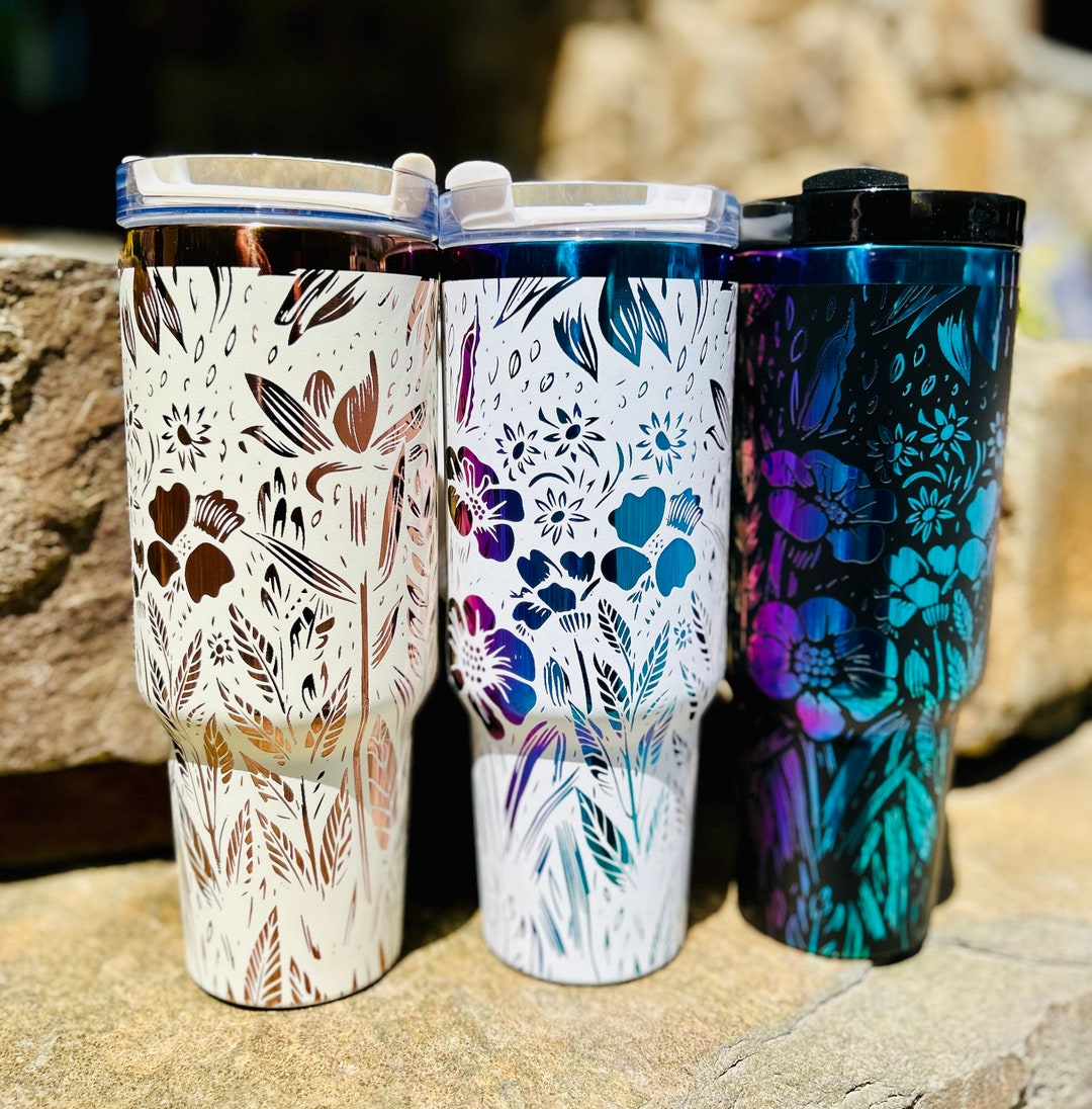 Wildflowers Engraved Tumbler-cream Copper, White Rainbow, or Black ...