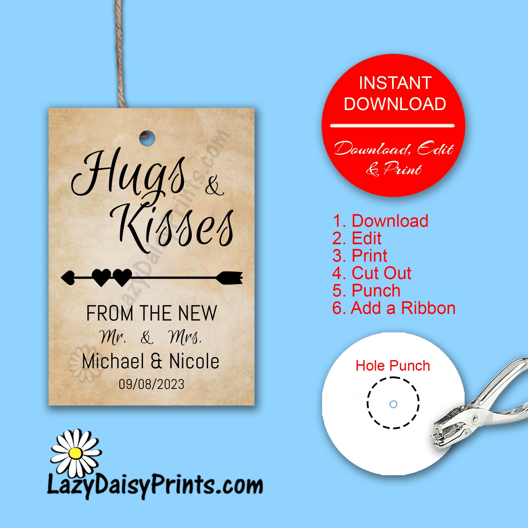 Editable Tag Minimalist Hugs and Kisses - Etsy
