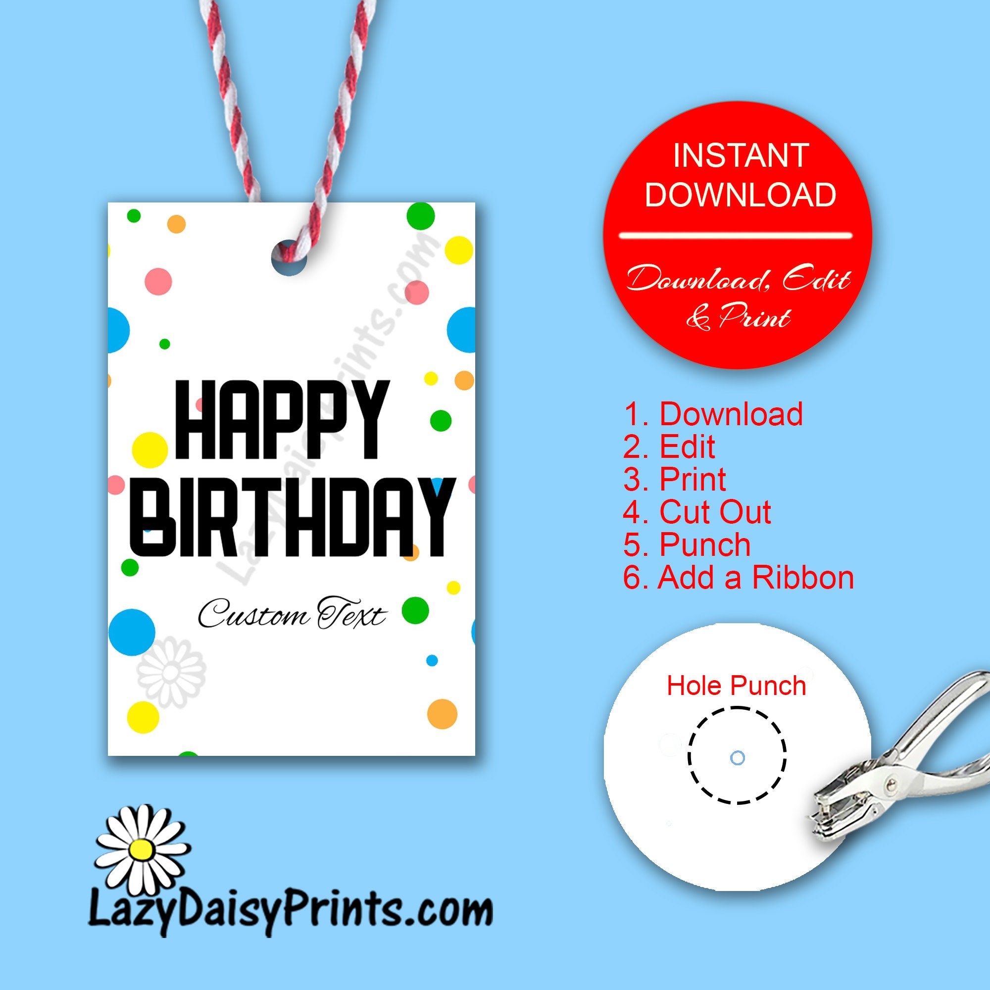 Editable Tag - Happy Birthday Polka Dot - Etsy