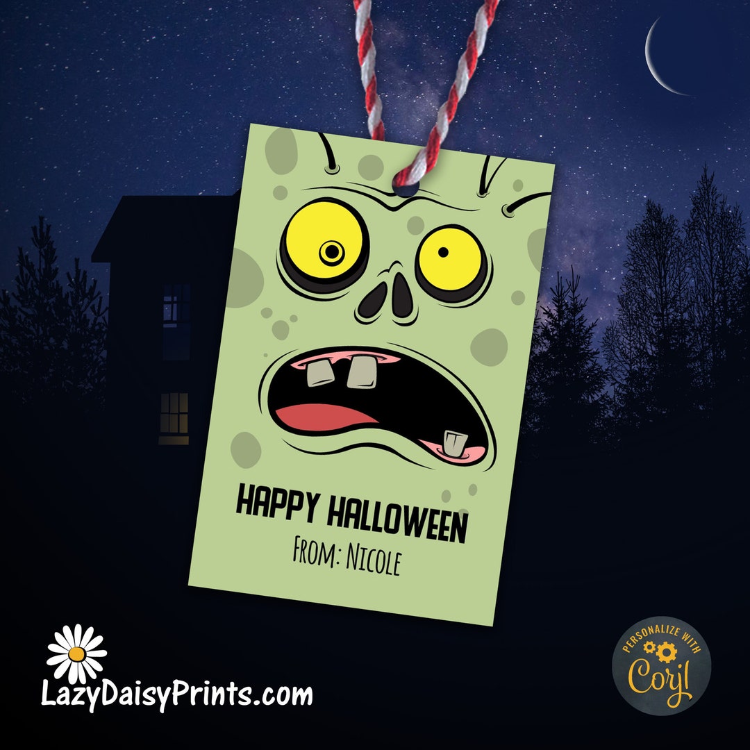 Editable Tag - Happy Halloween Zombie Face - Etsy