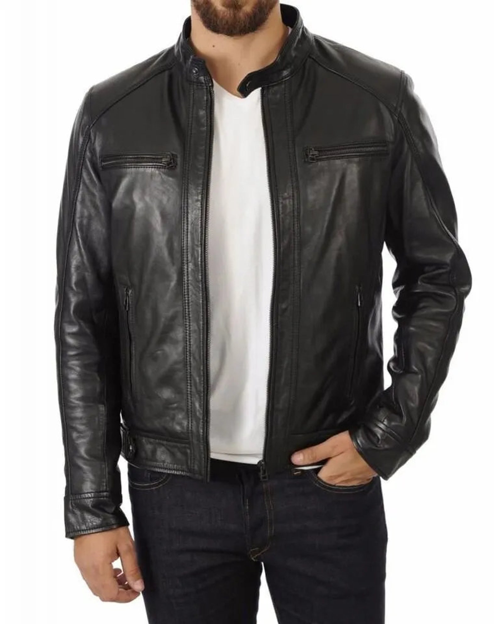 Men's Lambskin Leather Jacket: Black Cafe Racer Style - Etsy