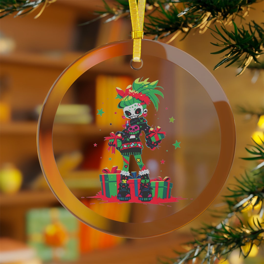 Female Punk Rocker Skeleton With Christmas Presents, 5 Glass Ornament ...