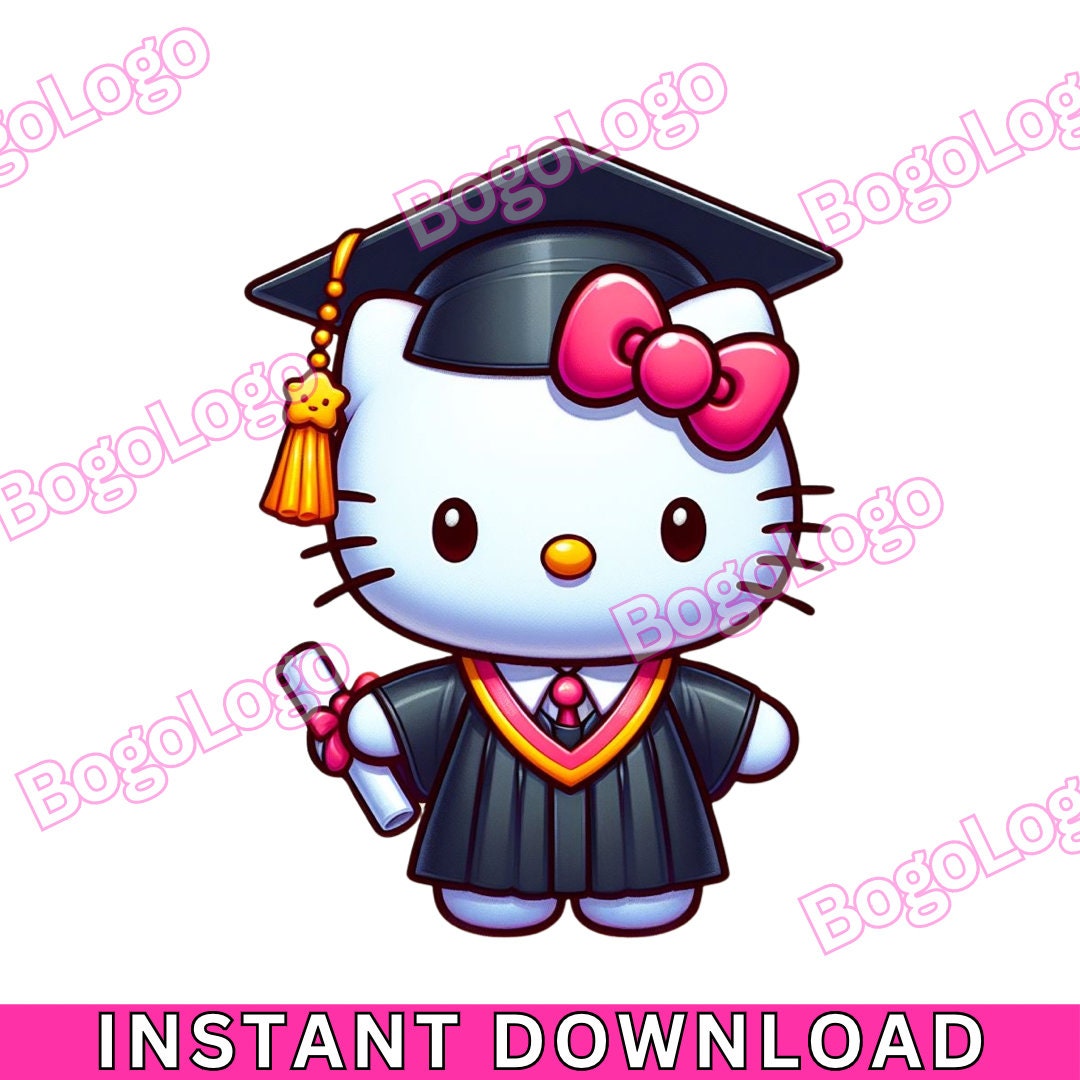 Hello Graduate Kitty PNG Pink Bow Graduation Kitty Cap Gown PNG Kitty ...