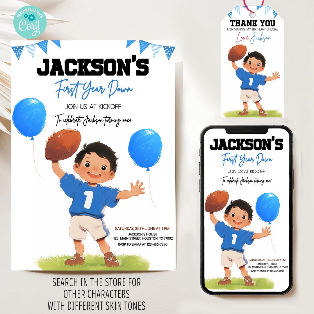 Football First Birthday Invitation, Brunette Boy Football Invite, Game ...