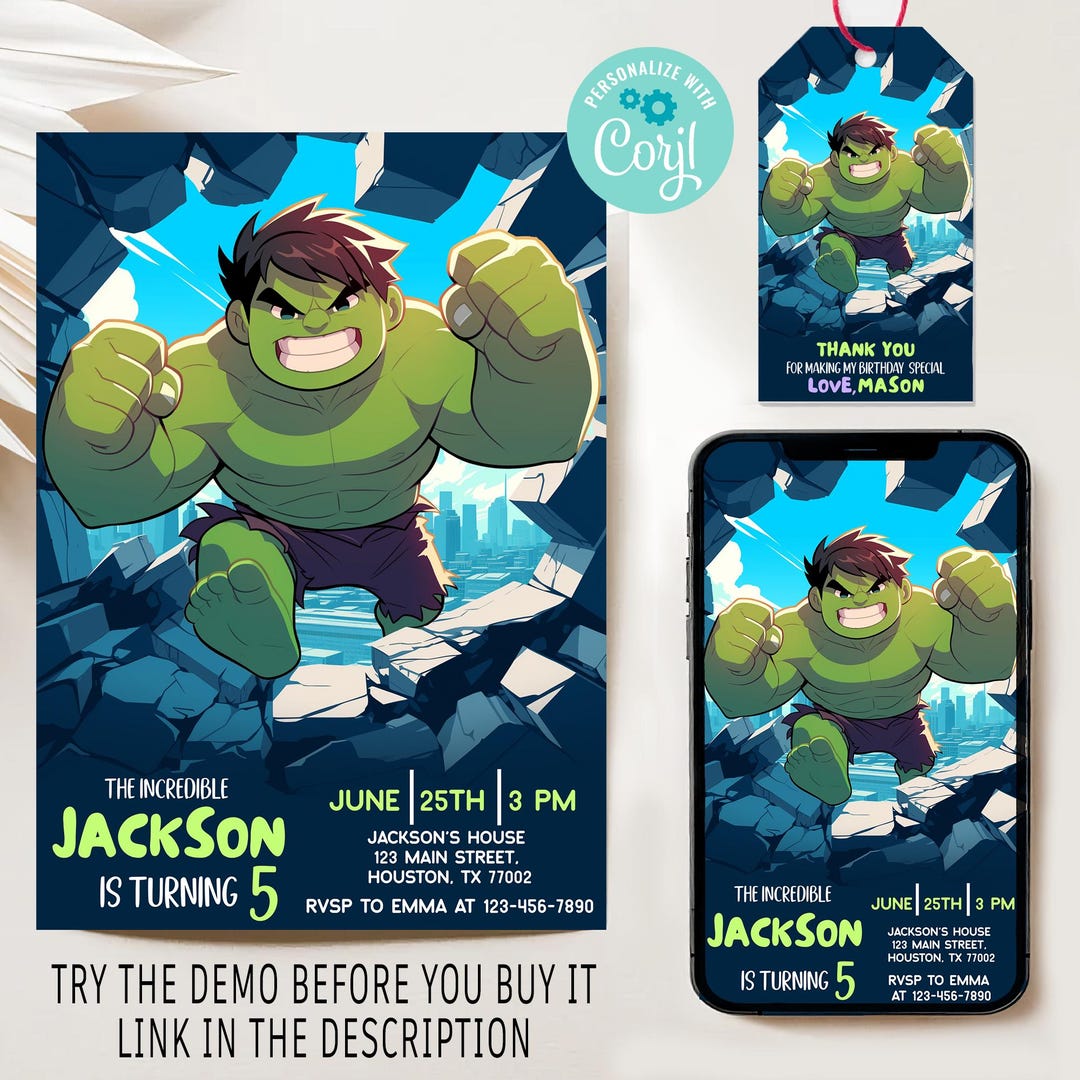 Editable Hulk Birthday Party Invitation, Editable Super Hero Invitation ...