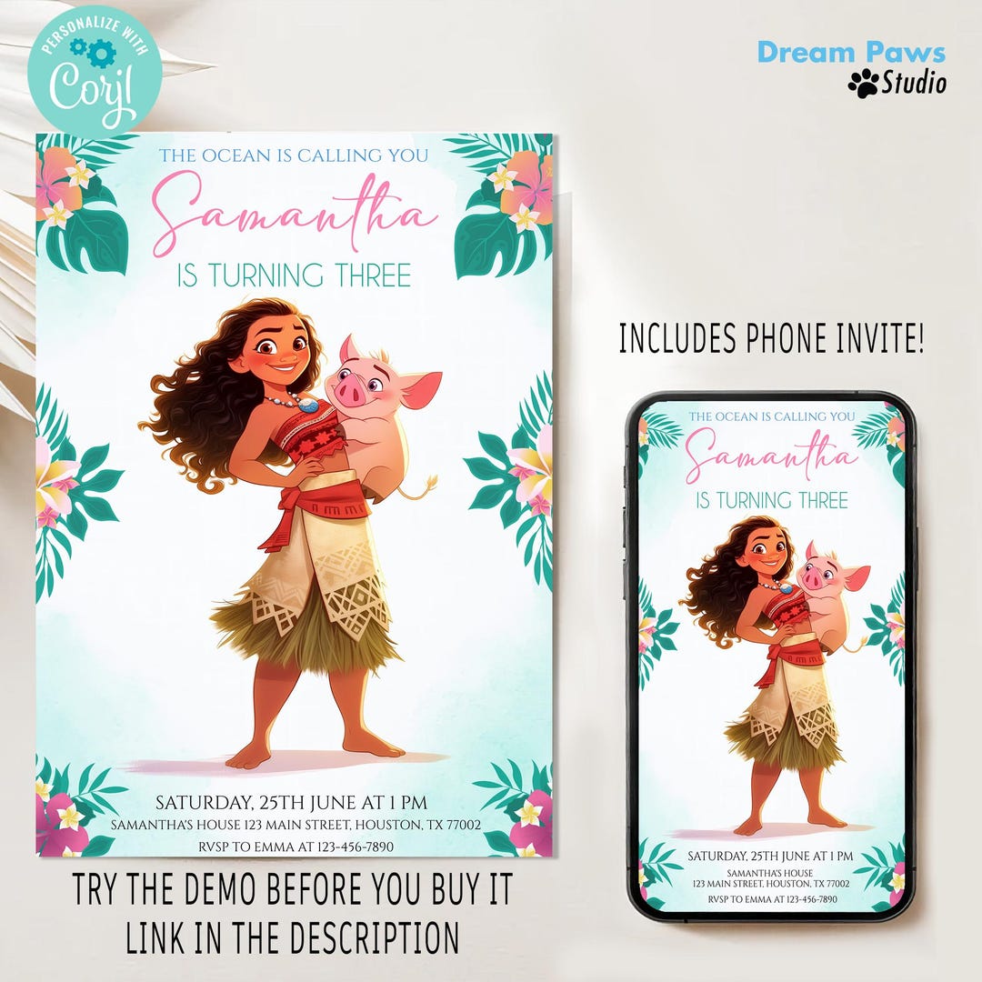 Moana Birthday Invitation, Princess Birthday Invitation, Tropical ...