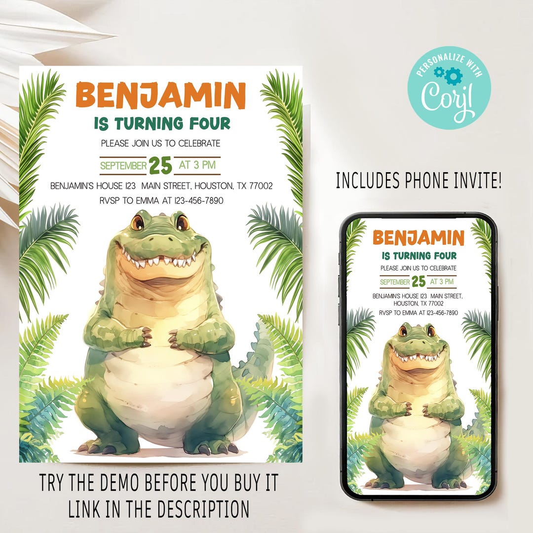 Crocodile Birthday Invitation: Jungle Animal Party, Printable (digital ...