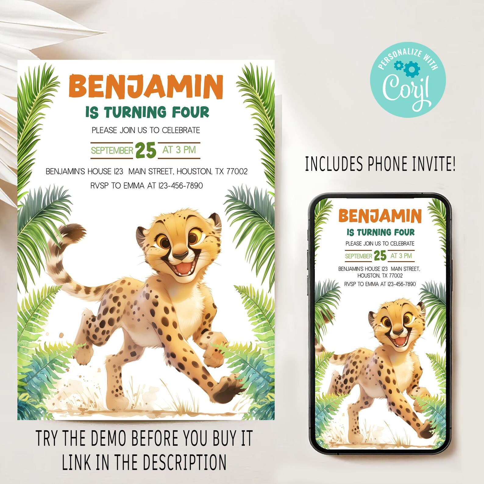 Cheetah Birthday Invitation: Safari Jungle Party Invite (digital ...