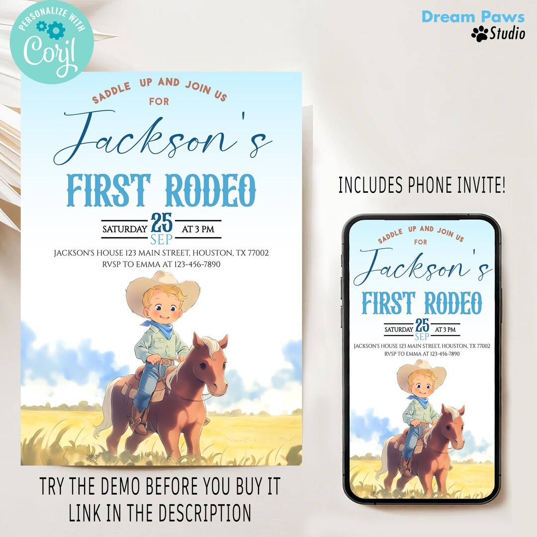 Blonde Cowboy 1st Birthday Invitation, Wild West First Rodeo Party ...