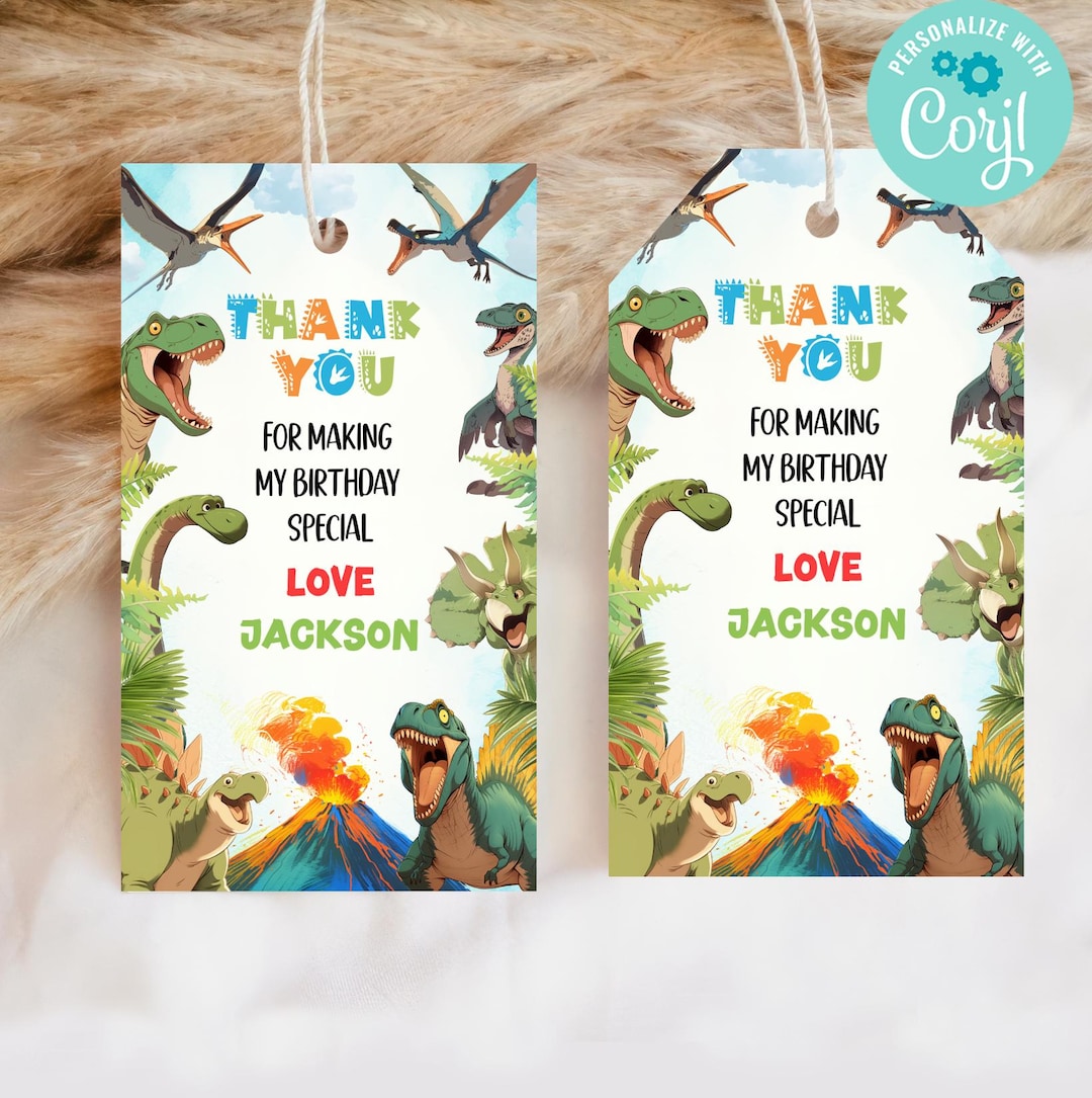 Dinosaur Thank You Tags, Editable Dino Party Favor Labels, Dino Boys ...