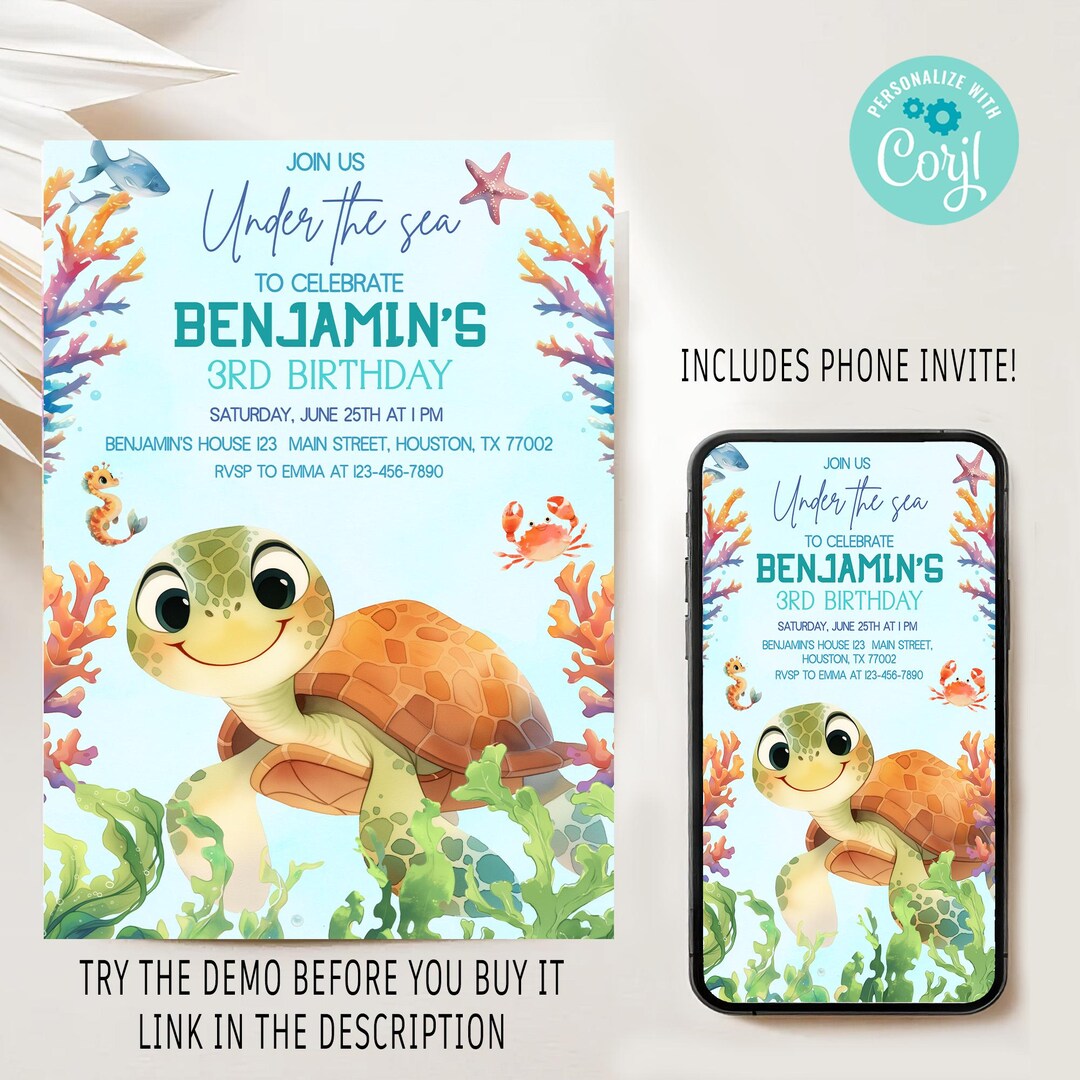 Editable Turtle Birthday Invitation: Ocean Party Invite (digital ...