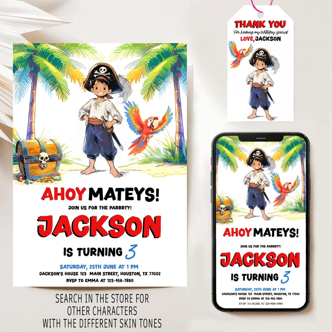 Editable Pirate Birthday Invitation: Ahoy Mateys Party Theme (digital ...