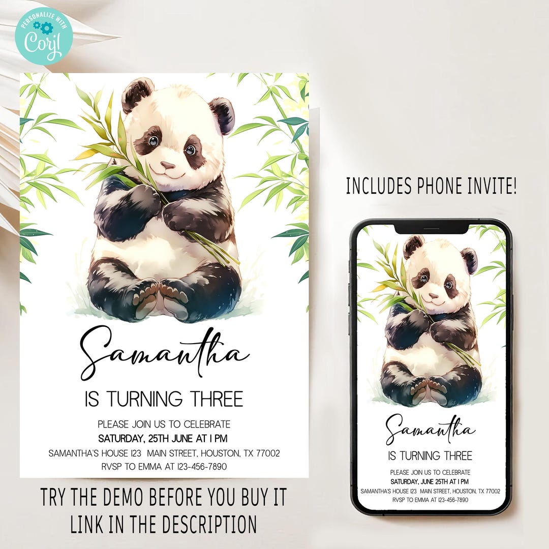 Panda Birthday Invitation, Editable Cute Panda Party Invite, Baby ...
