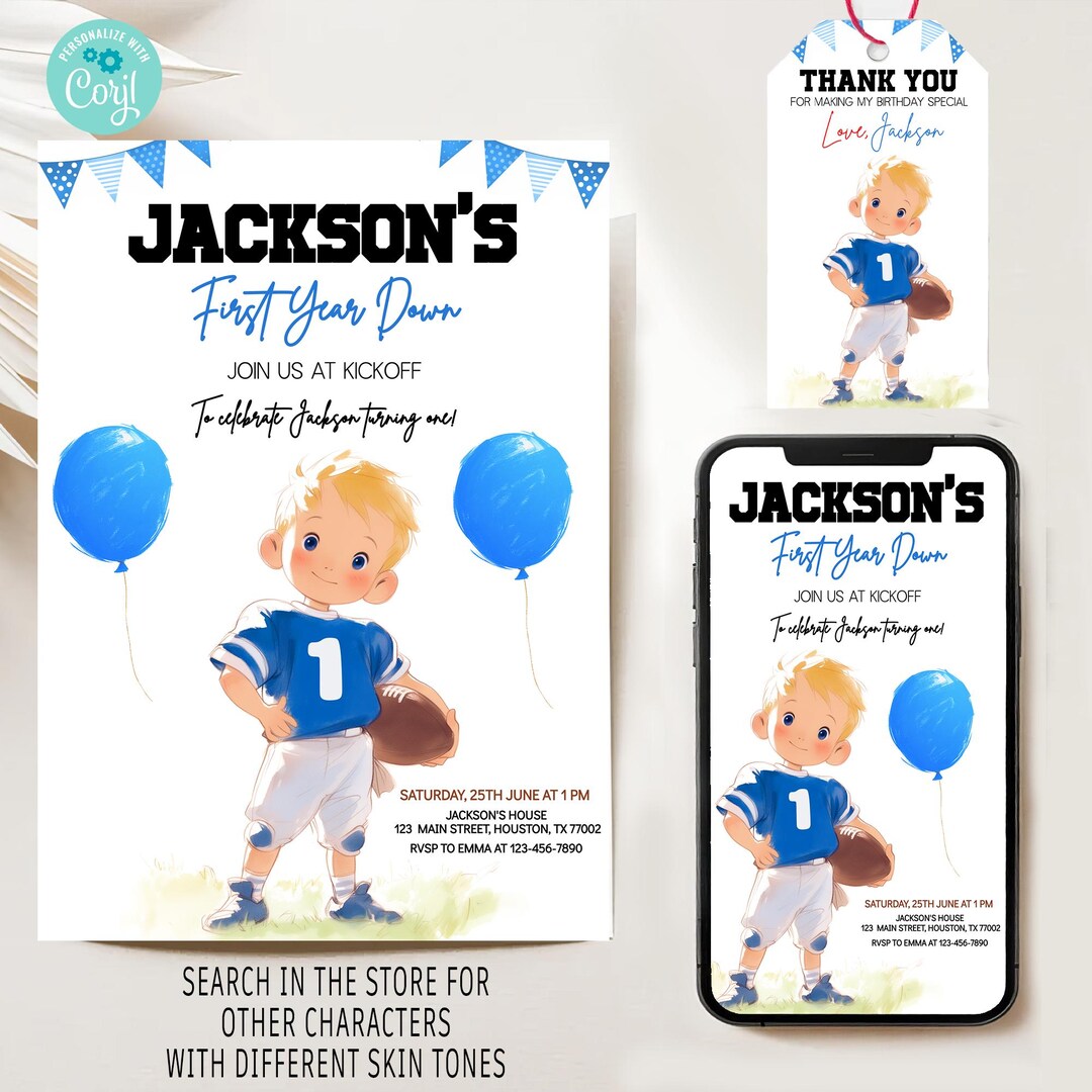 Football First Birthday Invitation, First Year Down, Game On, American ...