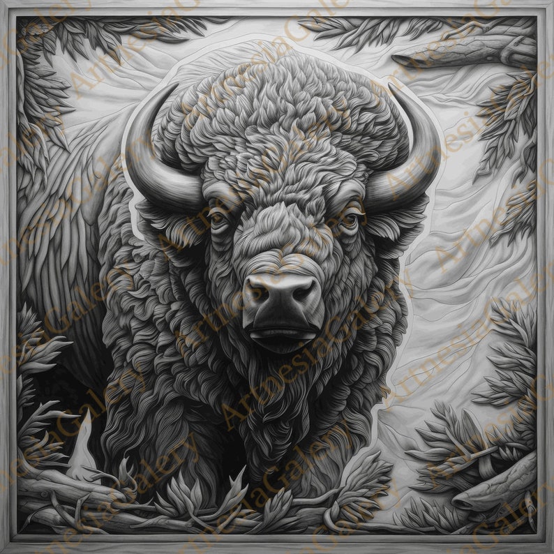 4 Bison 3D Illusion PNG Laser Burn File, Digital Relief Design ...