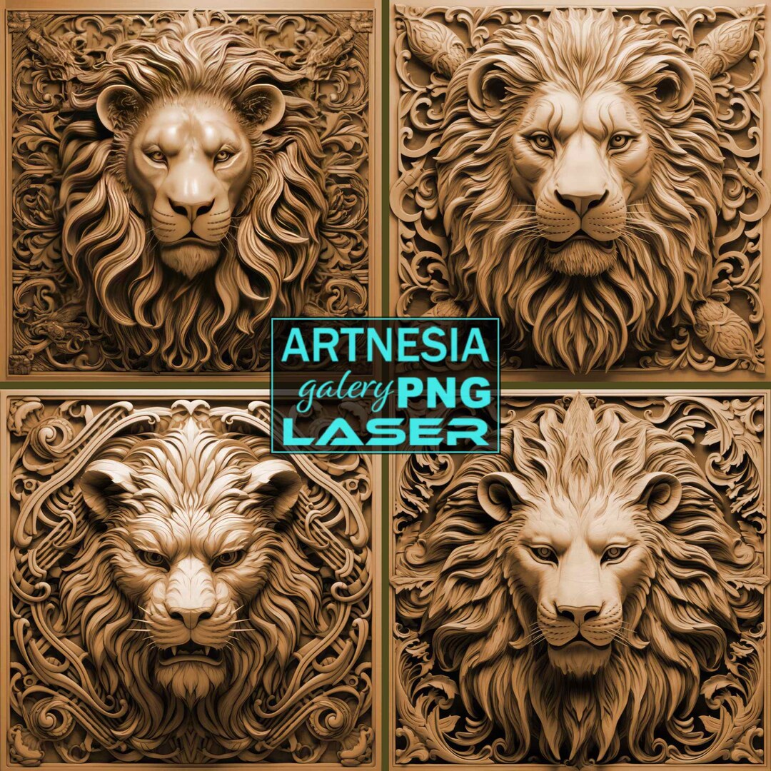4 Lion 3D Illusion PNG Laser Burn File, Digital Relief Design, Engraved ...