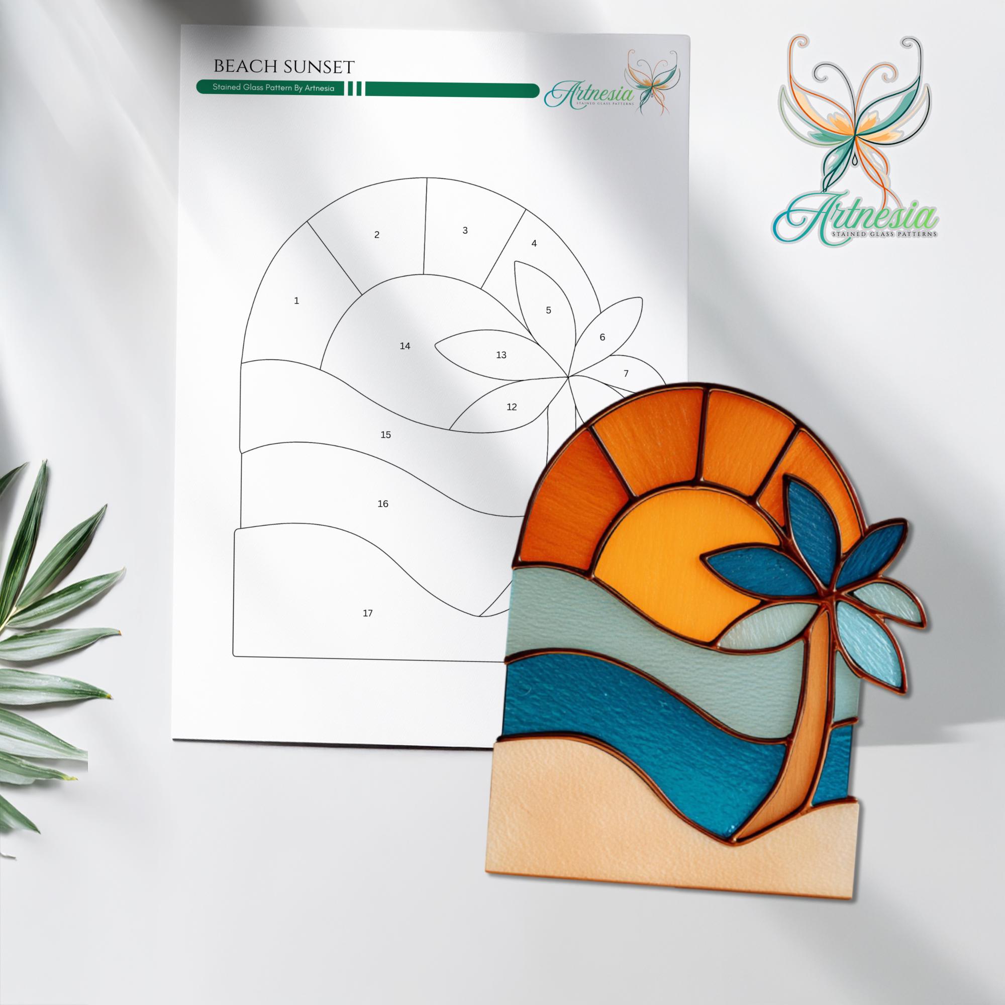 Beach Sunset Stained Glass Pattern, Beach Suncatcher, Stained Glass ...