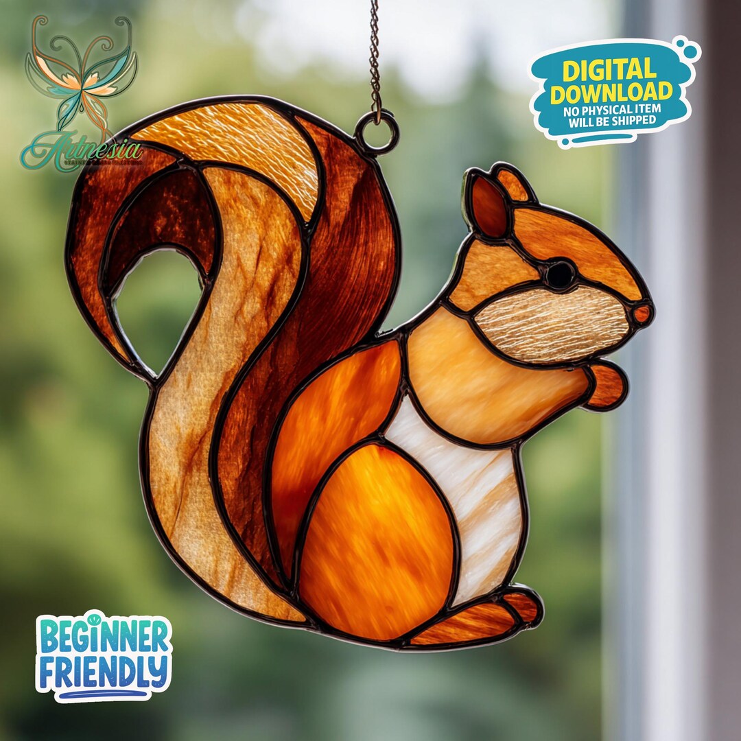 Squirrel Stained Glass Pattern, Squirrel Suncatcher, Stained Glass ...