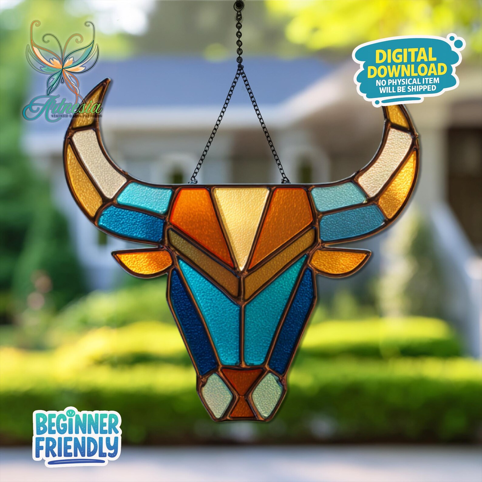 Taurus Bull Stained Glass Pattern, Bull Suncatcher, Skull Stained Glass ...
