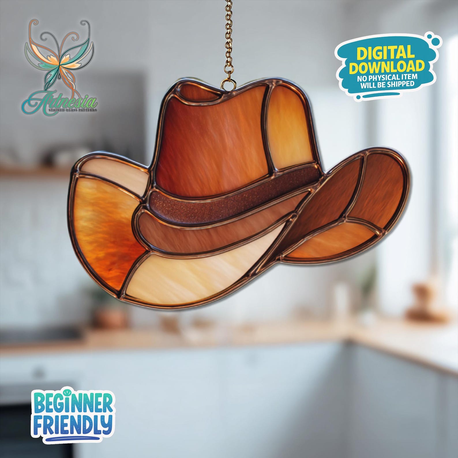 Cowboy Hat Stained Glass Pattern, Western Hat Suncatcher, Stained Glas ...