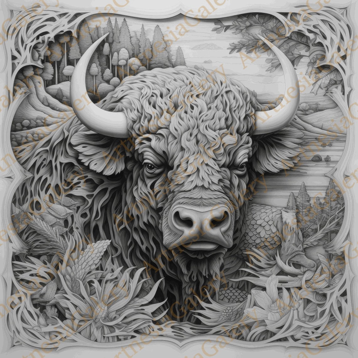 4 Bison 3D Illusion PNG Laser Burn File, Digital Relief Design ...