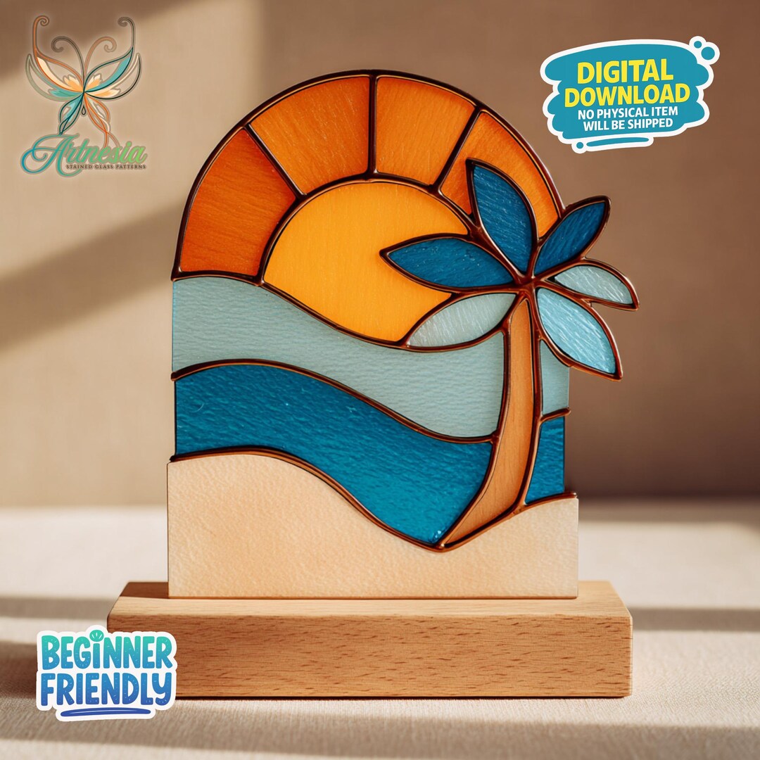 Beach Sunset Stained Glass Pattern, Beach Suncatcher, Stained Glass ...